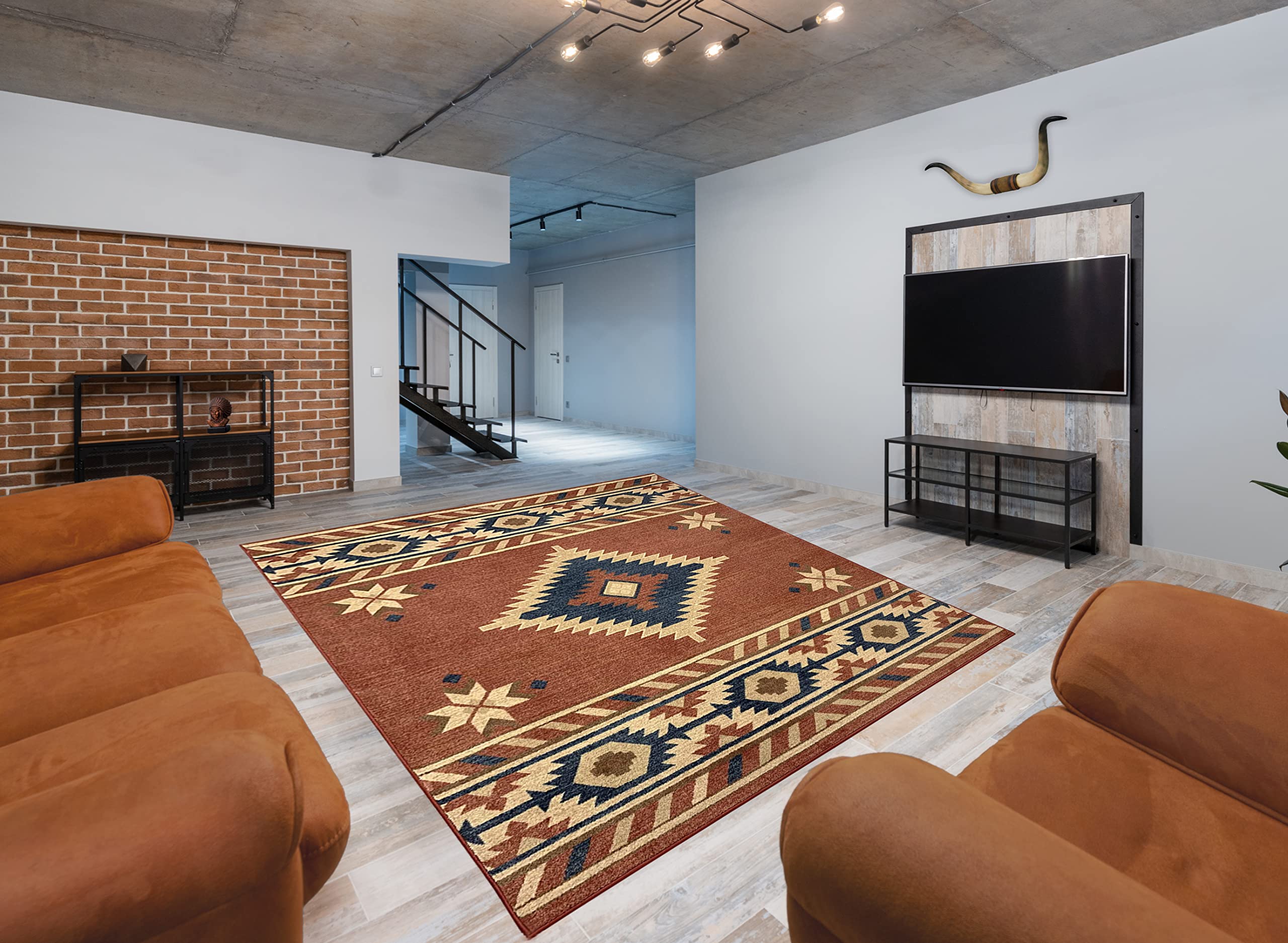 Nevita Collection Southwestern Native American Design Area Rug Southwest Design Rugs Geometric South West Pattern (Orange (Terra) Blue Beige Red, 5'3" x 7'1")