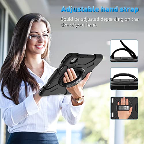 SUPFIVES Case for iPad Air 5th Generation 10.9 Inch 2022: Military Grade Silicone Protective Cover for iPad Air 4th Gen/iPad Pro 11 with Pencil Holder+ Rotating Stand+ Handle+ Shoulder Strap(Black)