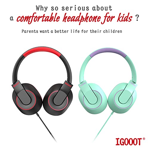 igooot Kids Headphones Wired,with case Most Comfortable Over Ear Children Headphones,Adjustable,Volume Limiter 85/94dB,for School/Plane/Switch/Amazon-fire-Tablet/ipad,3.5mm Jack,Black&Red.