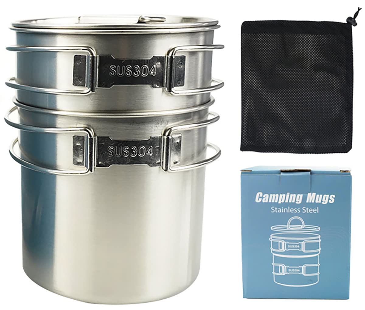 DZRZVD Camping Cups and Mugs Pot 2Pcs -304 Food Grade Stainless Steel - Outdoor Cookware Set with Vented Lid -33oz Big+24oz Small for Backpacking Picnic Hiking