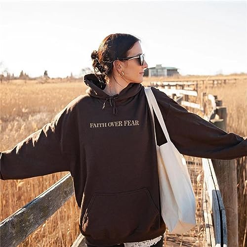 iHPH7 Faith over fear Hoodies for Women Oversized Hooded Sweatshirts Fleece Casual Long Sleeve Pullover Loose Lightweight Tops Coffee