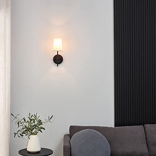 Globe Electric 51859 1-Light Wall Sconce, Matte Black, White Fabric Shade, Wall Lighting, Wall Lamp Dimmable, Wall Lights for Bedroom, Kitchen Sconces Wall Lighting, Home Décor, Bulb Not Included