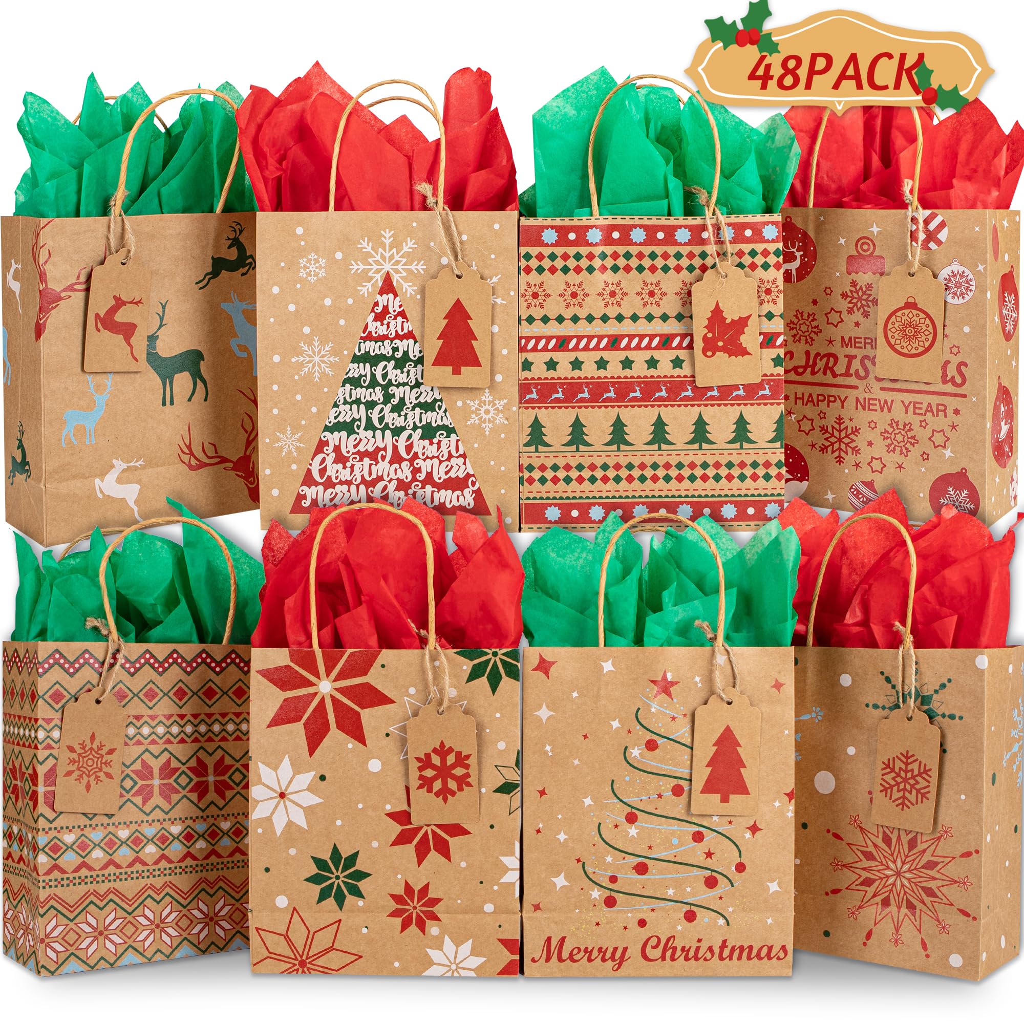 Kiddokids 48 Christmas Gift Bags 7" x 8.65" x 3.15", Kraft Holiday Wrapping with Tissue Papers, 48 Gift Tags for Xmas Exchange, Party Favors Goodie Bags, Christmas Gift Box Packaging, Decor
