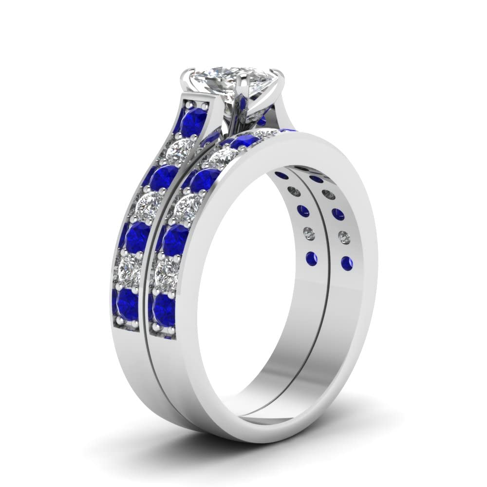 CustomizedGifts Cathedral Pave Diamond Bridal Set sterling silver Created Blue Sapphire Cushion shape Blue color Wedding Ring Sets pave Setting in Size 7 Party Wear Daily Wear Ornament
