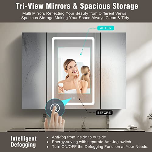 GETPRO Medicine Cabinets 40 x30 inch LED Lighted Medicine Cabinet Mirror for Bathroom Black Aluminum Surface Mount Anti-fogger Function 3 Color Temperature Adjustable Brightness