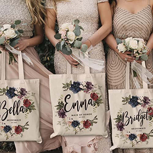 Personalized Wedding Gift Bags for Women w/Name & Text - 6 Floral Designs Customized Bridesmaid Canvas Bag Custom Flower Bride Shoulder Bachelorette Party Bridal Shower Tote C1, Beige