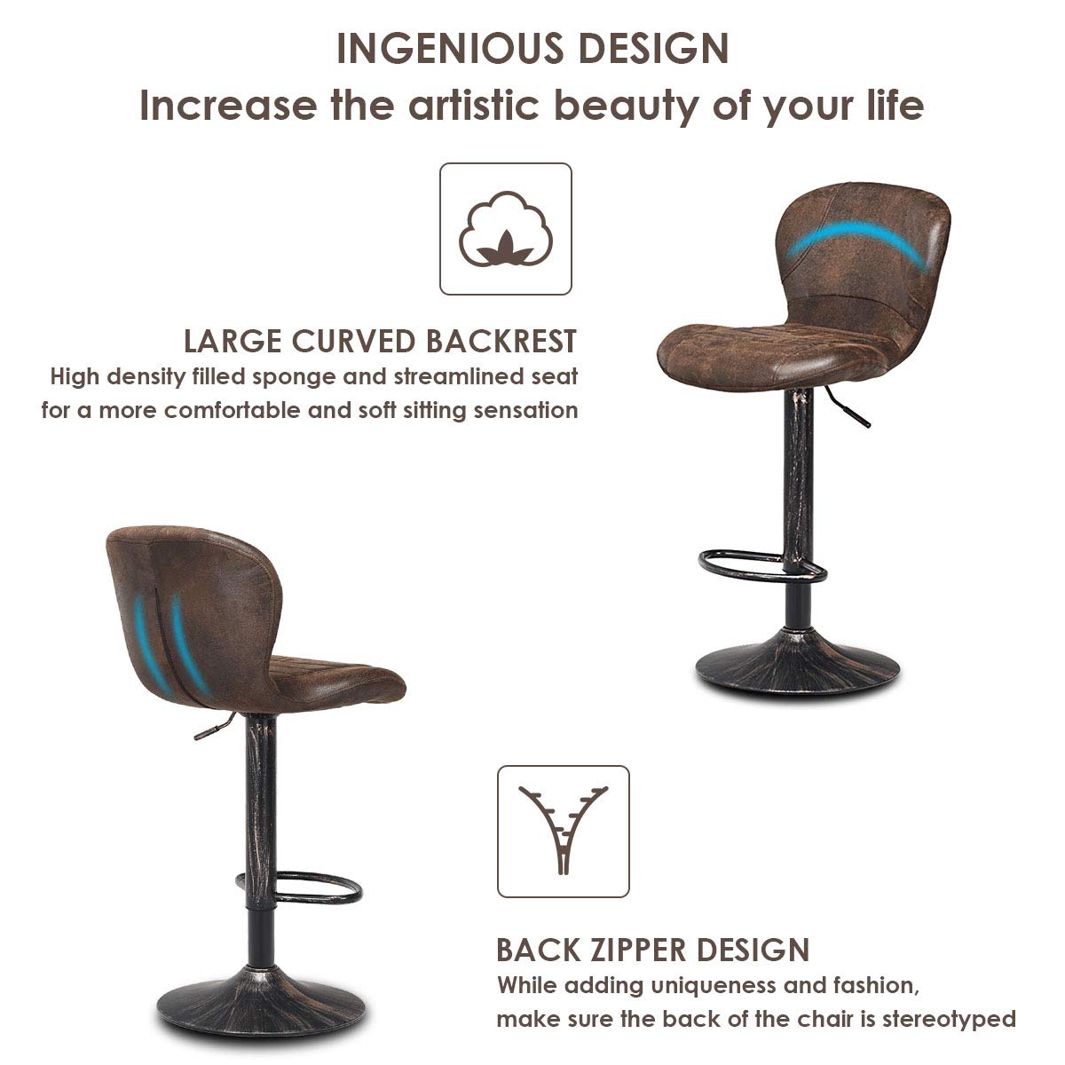 COSTWAY Bar Stools Set of 2, Adjustable Swivel Barstools with Back, Hot-stamping Cloth and Chrome Footrest, Barstools Bar Height Chairs for Kitchen Dining Living Bistro Pub, Retro Brown