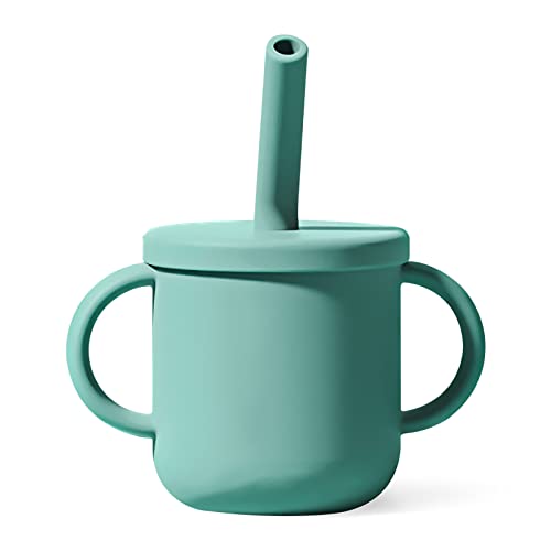 Hippywell 100% Silicone Baby Straw Cup, Baby and Toddler Training Cup with Lids and Non-Slip Handles, Silicone Training Cup with Straw, 5Oz Straw Training Cup, 6+ Months, Green