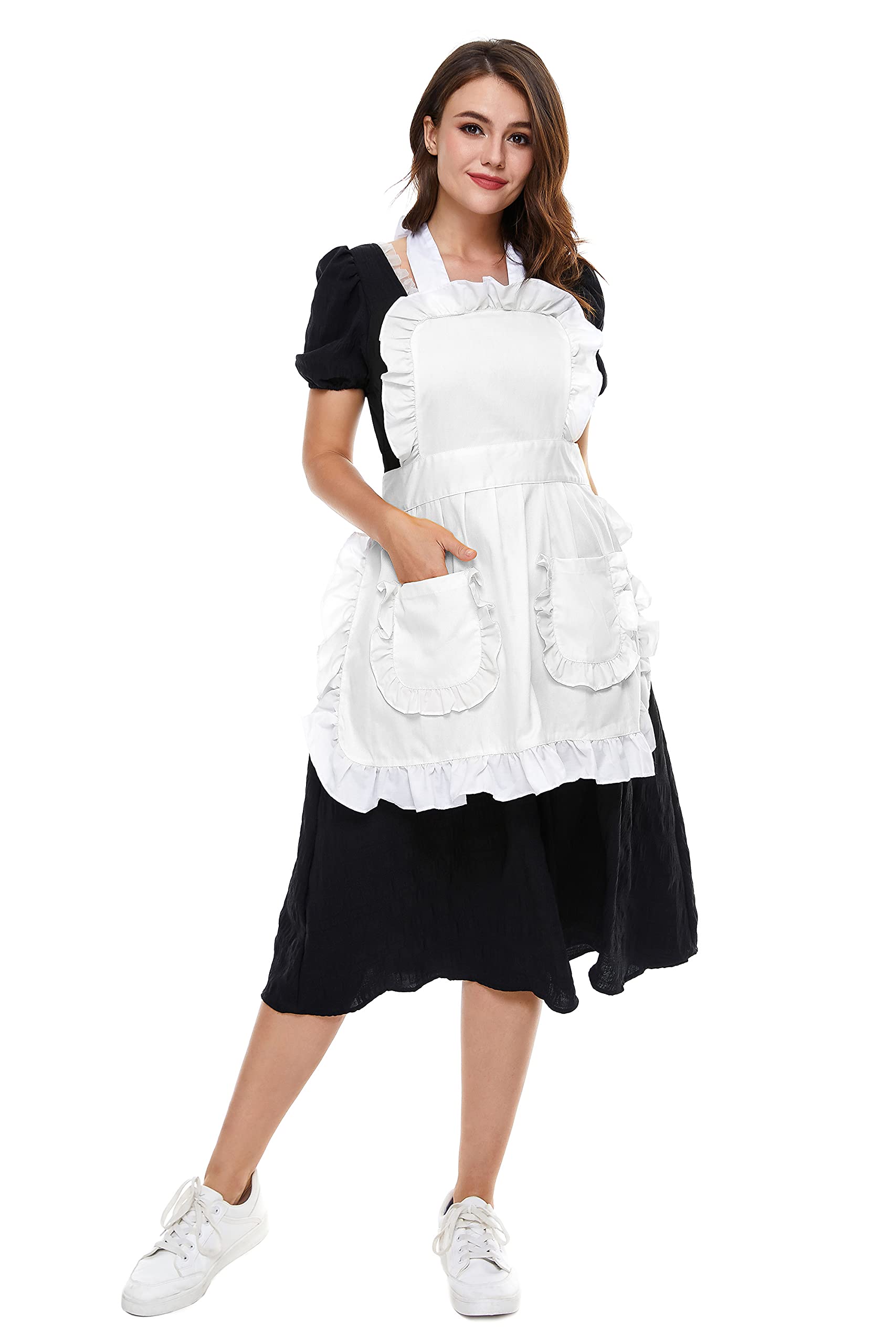 LilMents Women's Ruffles Outline Retro Pockets Apron Kitchen Cooking Cleaning Maid Costume (White)