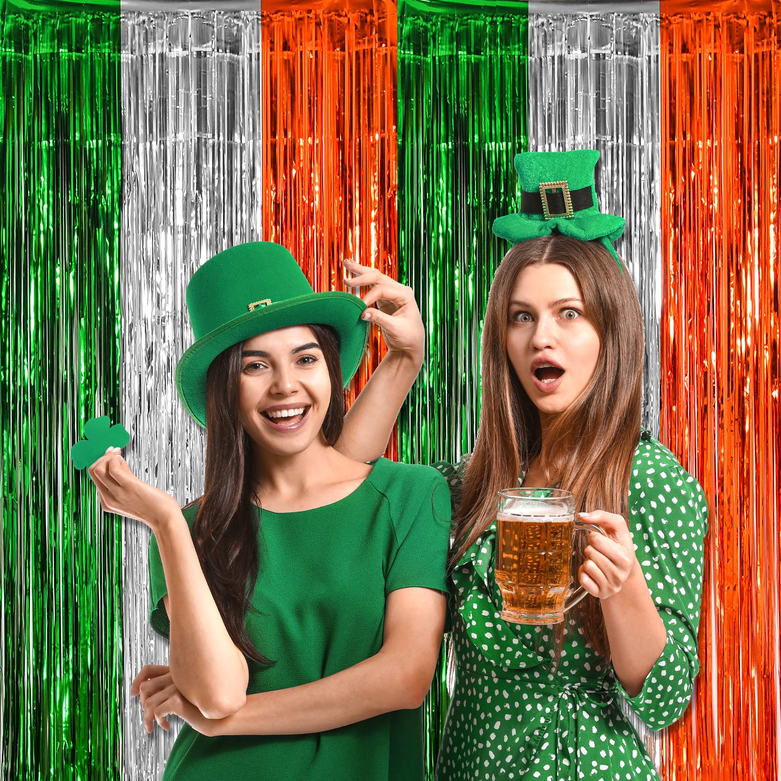 LOLStar 3 Pack St. Patrick's Day Foil Fringe Curtains St Patricks Day Party Decoration 3.3x6.6 ft Green White Orange Tinsel Fringe Curtain Photo Booth Prop Streamer Backdrop for Irish Party Decoration