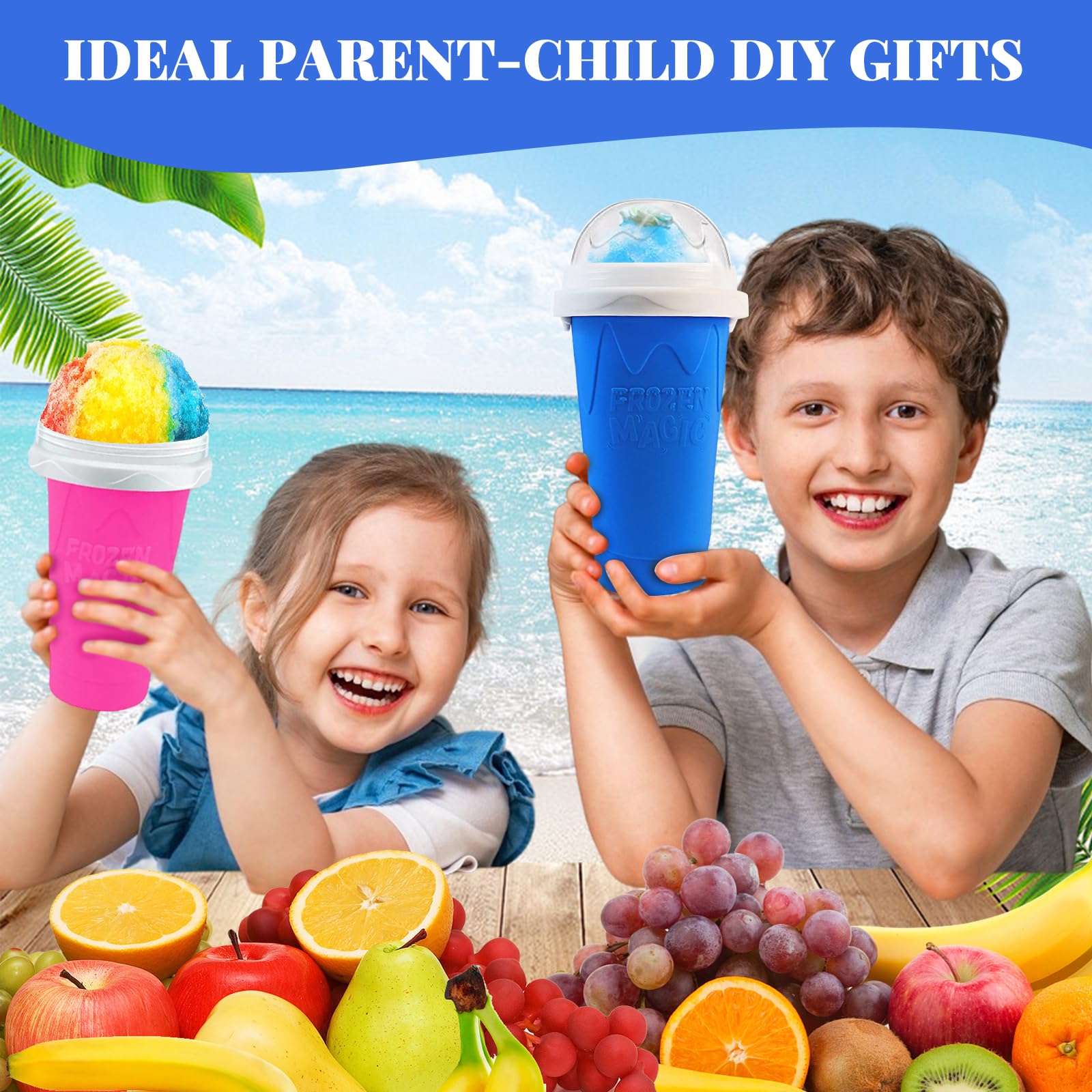 Slushie Cup, 2 Pack Slushy Maker Cup, Frozen Magic Squeeze Cups for Juice Milk Yogurt Ice Cream Make, DIY Smoothie Cooling Cup with Lid & Straw for Kids Friends Family (Blue+Pink)