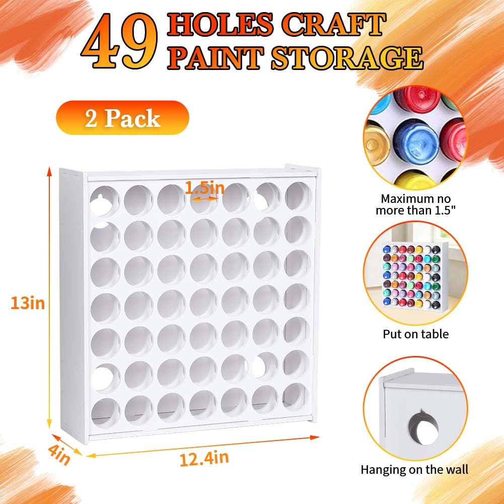 Tifflake Vertical Craft Paint Storage Organizer: 2 Pack 49 Holes Paint Rack Stand Wall Mounted Paint Holder Box - 2oz Paint Bottle Organizer for Art Painting Supplies