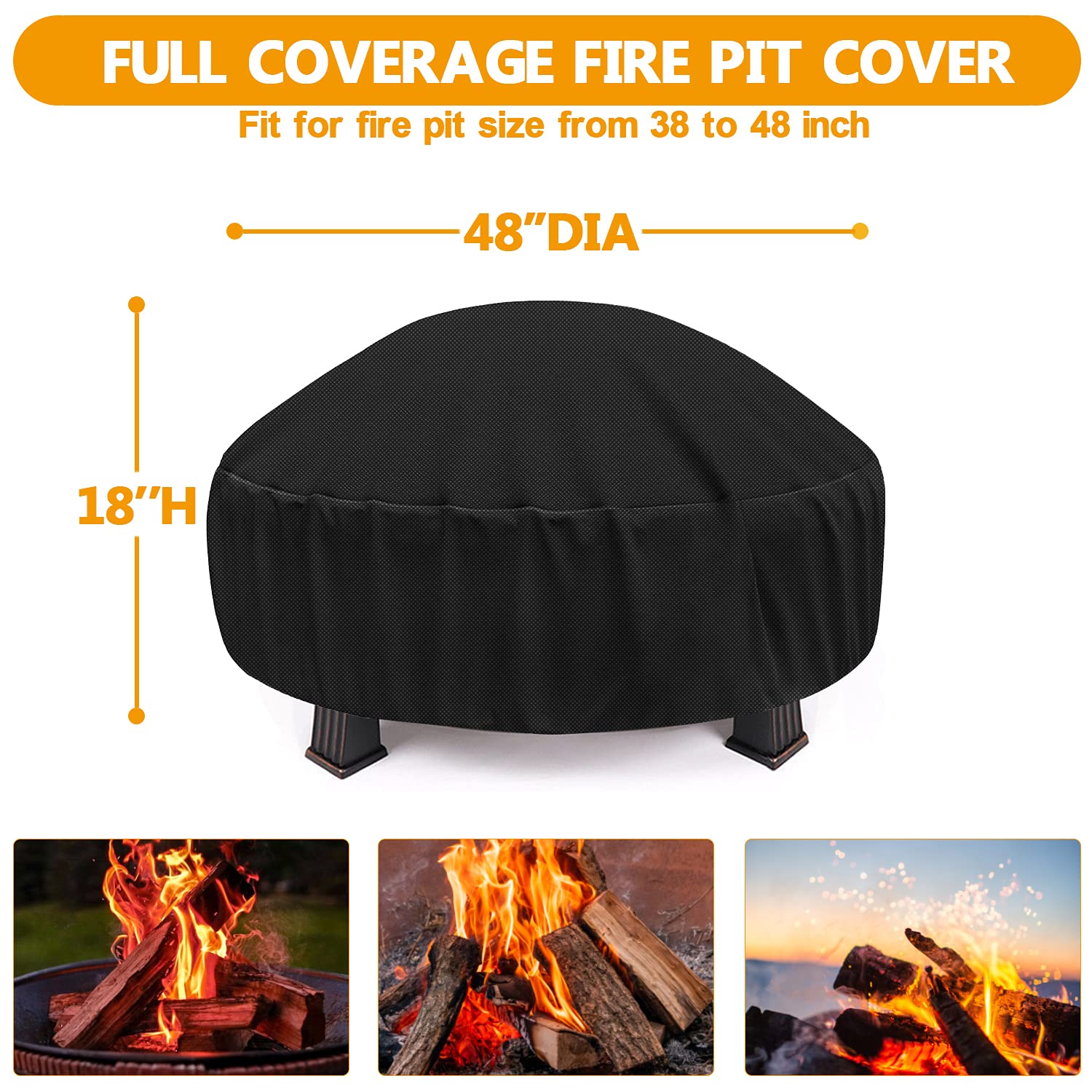 Fire Pit Cover Round, Fits 44-50 Inch Firepit or Fire Bowl, Outdoor Waterproof Patio Fire Table Cover, 48ββ D X 18ββ H