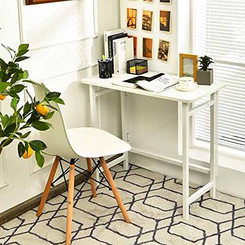 COSTWAY Folding Computer Desk, Simple Modern Writing Desk for Small Space, Space Saving Compact PC Laptop Study Workstation for Home Office, Easy Assembly, White