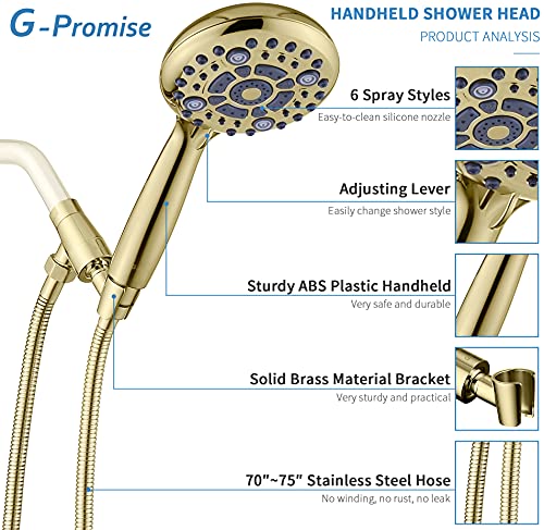 G-Promise Handheld Shower Head High Pressure 6 Spray Settings, Detachable Hand Held Showerhead 4.9" Face with Extra Long Flexible Hose and Metal Adjustable Bracket