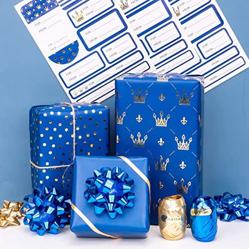 MAYPLUSS Wrapping Paper Set - Mini Roll with Bow & Ribbon & Gift Tags & Stickers - 17 inch X 120 inch Per roll - Royal Blue Design (42.3 sq.ft.TTL)