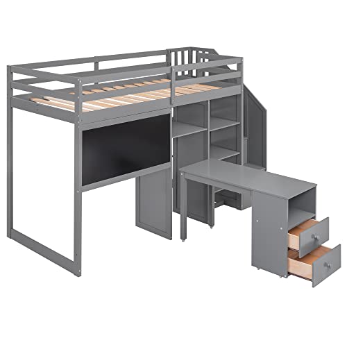 Harper & Bright Designs Twin Loft Bed with Stairs, Solid Wood Loft Bed with Pullable Desk and Storage Shelves and Blackboard, for Bedroom, Dorm, Boys, Girls, Adults (Twin Size, Gray)
