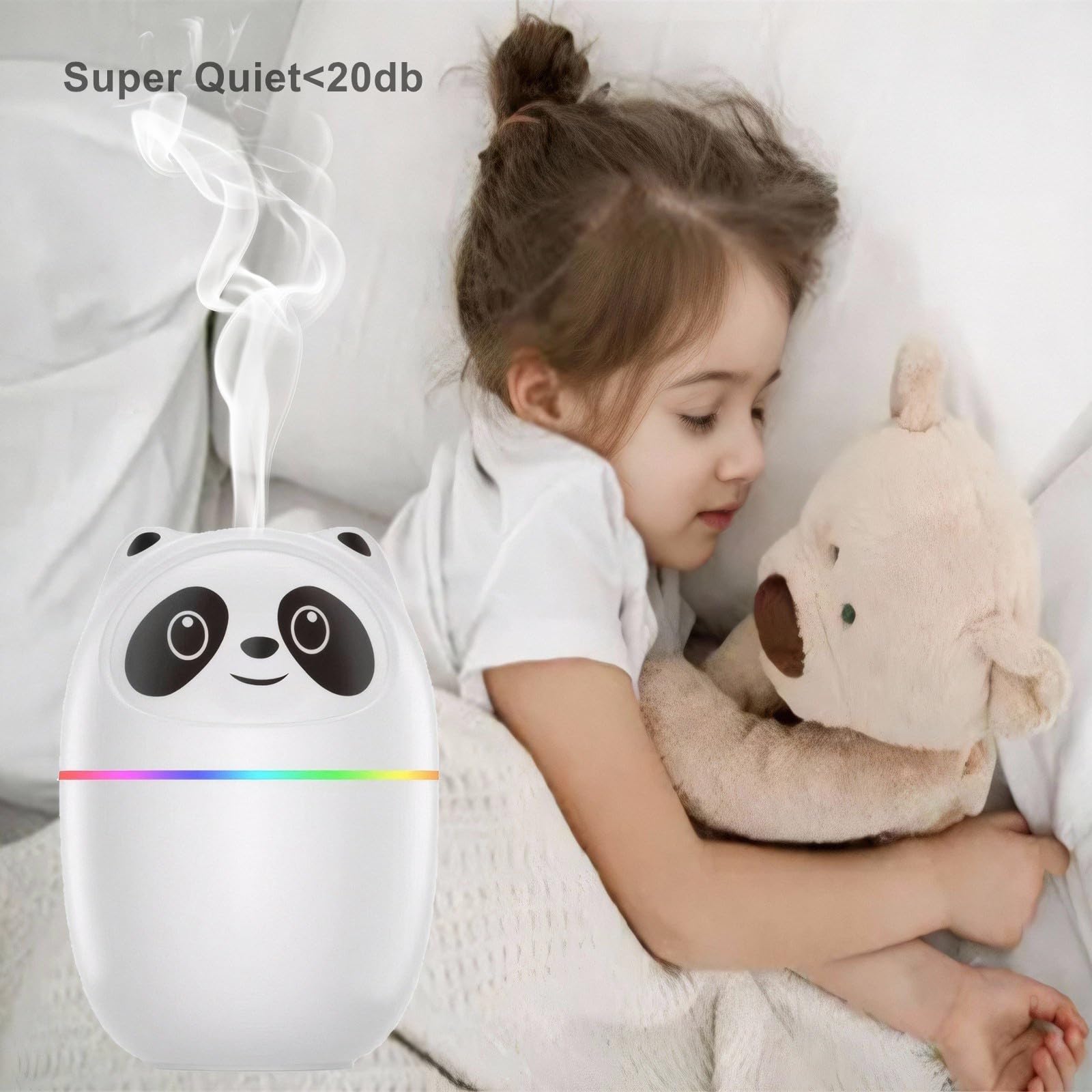 Noiseless Air Mini Humidifier, Personal Desk Humidifier Small 220ml, Cute Panda,7 Color Night Light, Auto Shut Off, Cool Mist, Easy Clean,for Plants Travel Office Bedroom Plants
