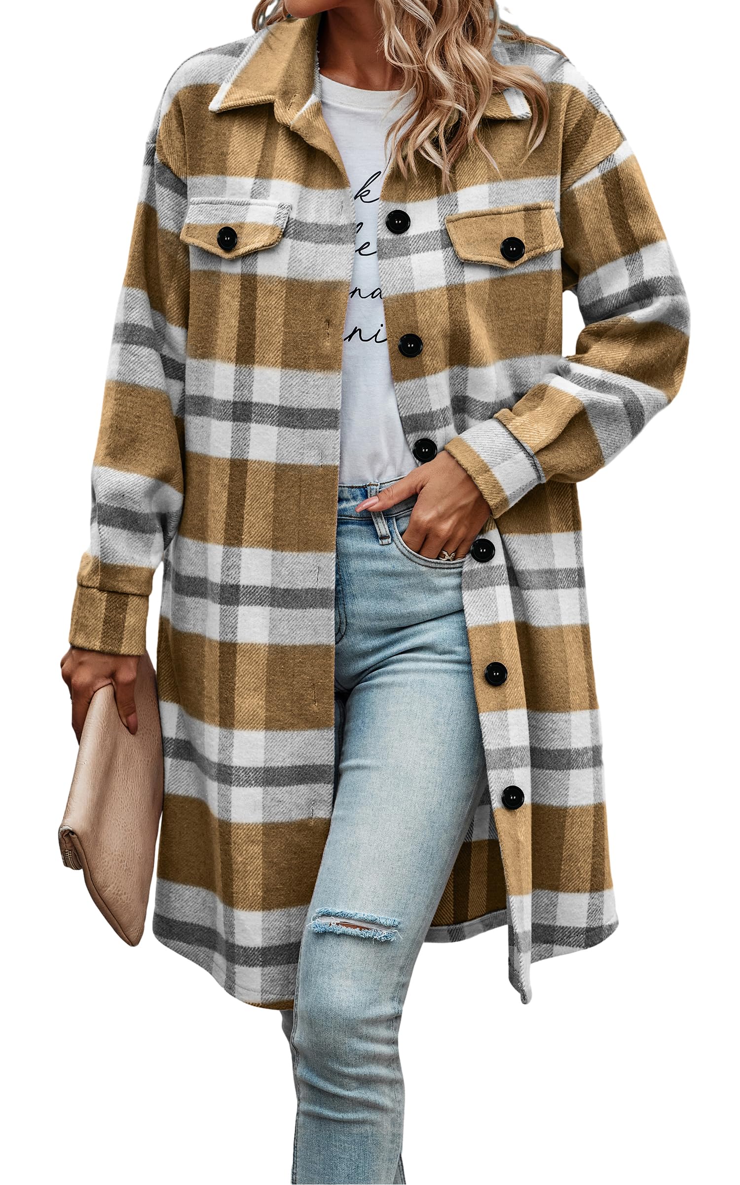 CCTOO Womens Plaid Flannel Shacket: 2023 Long Sleeve Trench Shirt Winter Tartan Jacket Woolen Lapel Neck Button Down Pea CoatsSmall140Yellow P