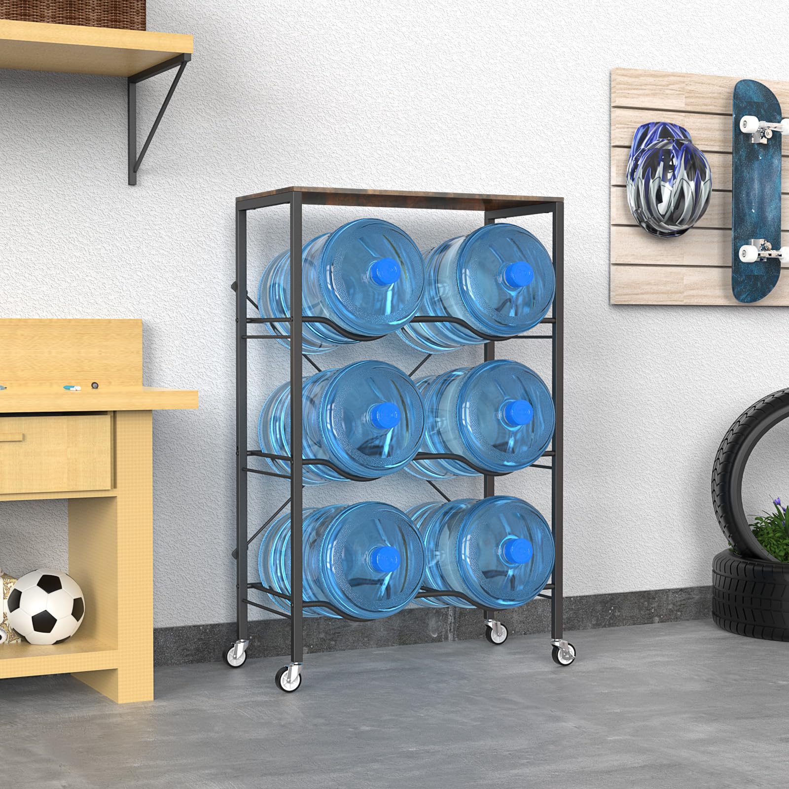 Housolution 3 Tier 5 Gallon Water Jug Holder 6-Tray Water Jug Rack with Top Shelf and 4 Wheels Heavy Duty Movable Water Jug Stand,5 Gallon Water Bottle Holder for Kitchen Office Living Room,Brown