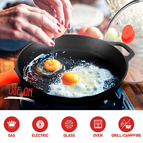 NutriChef - NCCI10 NutriChef Pre-Seasoned Cast Iron Fry Pan with Glass Lid & Silicone Handle, 10 inch, Black