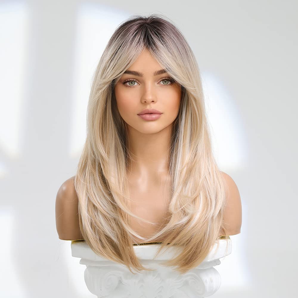 Long Blonde Wig with Bangs Layered Synthetic Hair Wig with Dark Roots for Women (22 Inch)