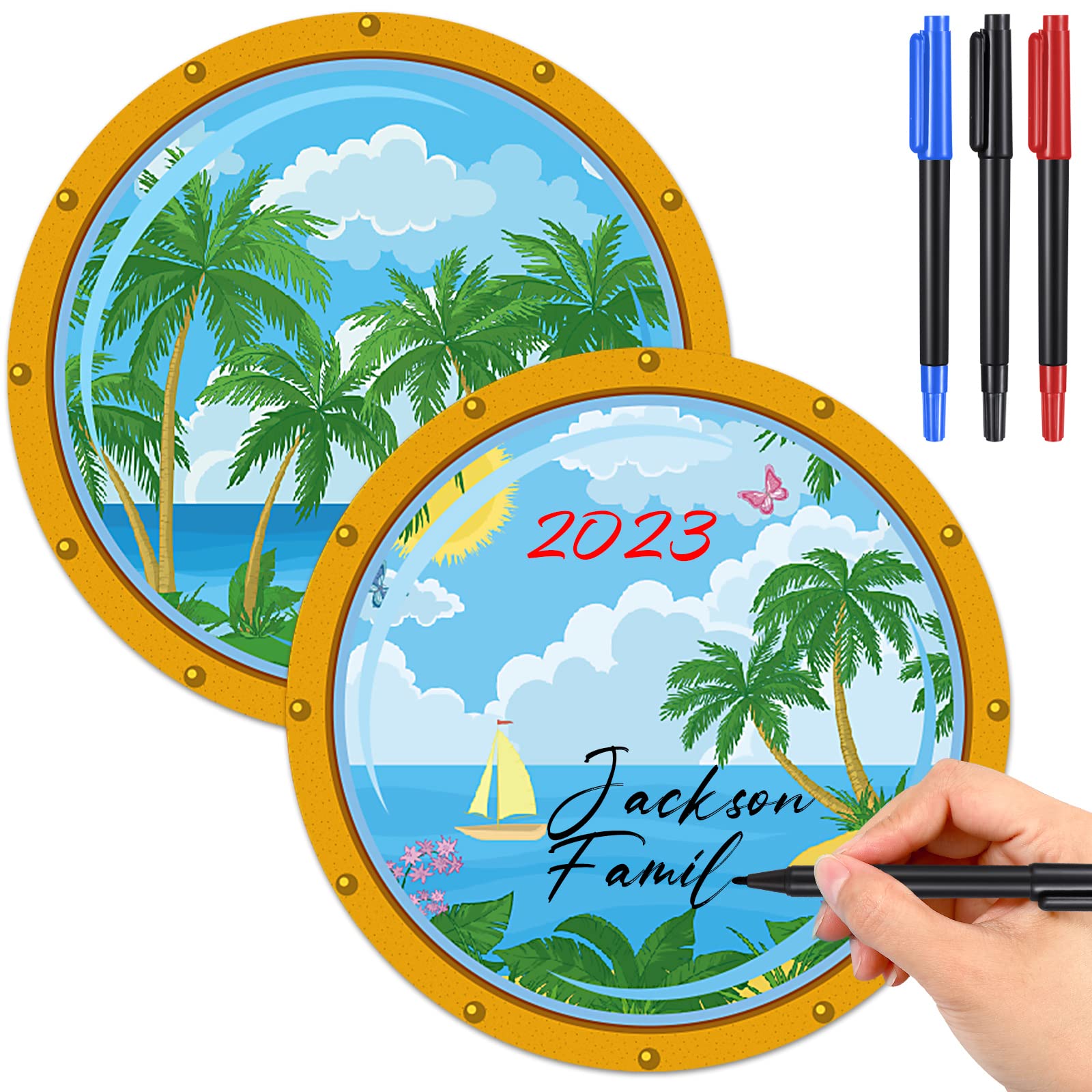 Fabbay 2 Pcs Cruise Door Magnets with 3 Pcs Paint Pens 9.6 Inch Ship Porthole Cruise Door Decorations Magnet Stickers Palm Tree Car Magnets Fridge Decor Magnets for Carnival Cruise Refrigerator Door
