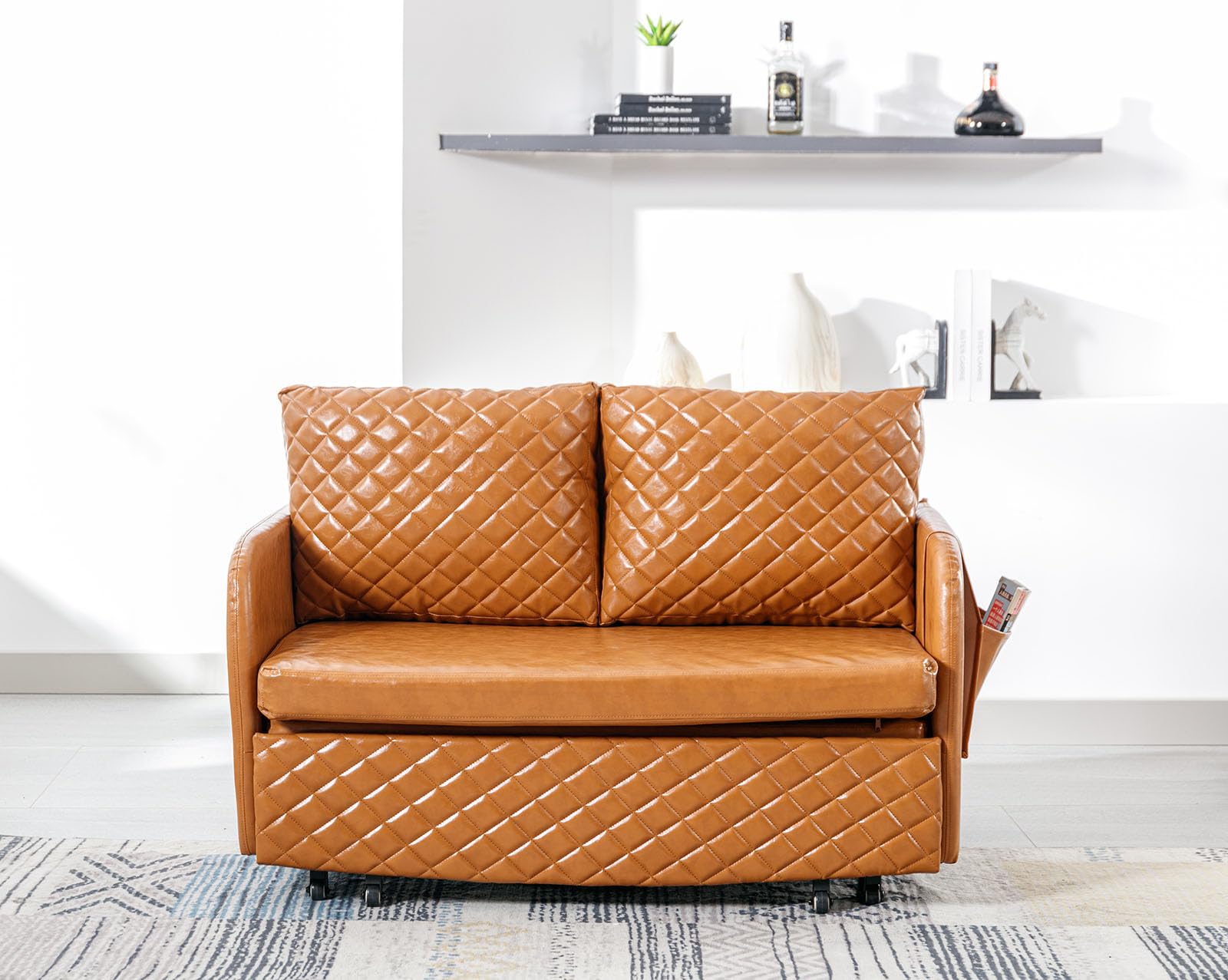 KINFFICT PU Leather Pull Out Sofa Bed, Convertible Small Loveseat Sleeper with Storage Drawer and 2 Pillows, 2 in 1 Futon Couch with Removable Pocket, Modern Love Seat for Living Room, Light Brown
