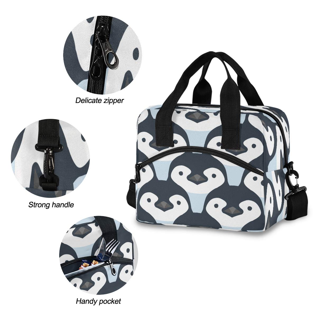 Cute Animal Penguin Pattern Lunch Bags for Women Insulated Reusable Lunch Tote Holder Lunch Cooler Bag Lunch Box with Shoulder Strap for Men Kid Girl
