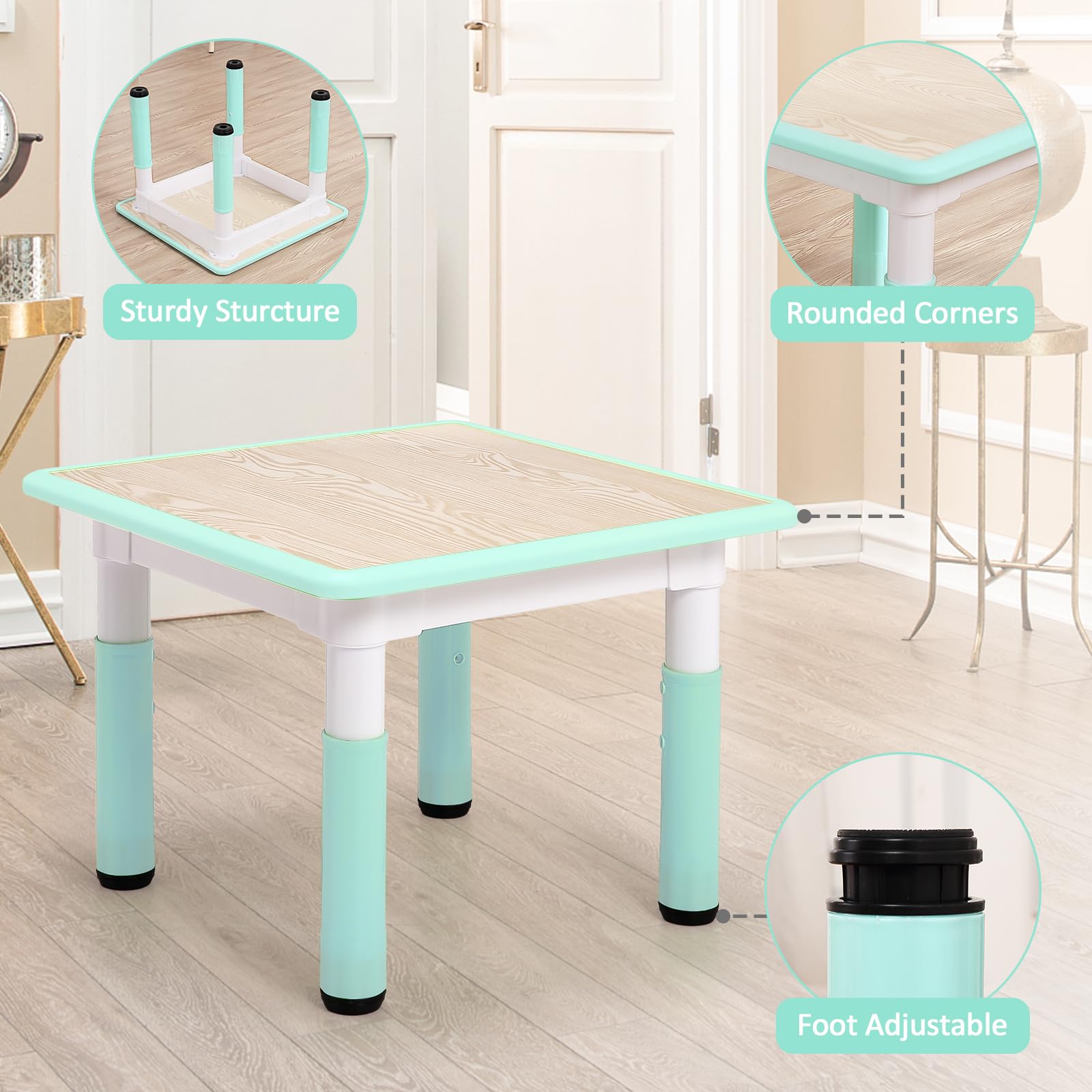 Kids Table and Chairs Set, Height Adjustable Desk with 4 Seats for Ages 2-10,Arts & Crafts Table,Graffiti Desktop, Non-Slip Legs, Max 300lbs, Children Multi-Activity Table for Classrooms,Daycares,Home