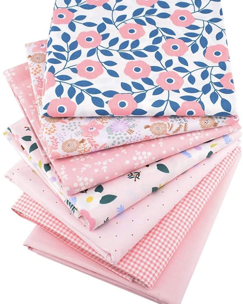 Lorvain 7PCS Pink Fat Quarters Fabric Bundles, Cotton Print Fabric with Green Leaf Red Fruit Gypsophila Strawberry White Flower for DIY Sewing Patterns Craftļ¼19.6" x 15.7", Pinkļ¼