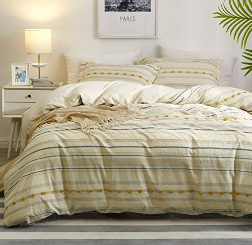 PHF 100% Cotton Tufted Duvet Cover Set King Size, 3pcs Boho Textured Jacquard Comforter Cover Set, Yarn-Dyed Decorative Duvet Cover with Pillow Shams Bedding Collection, 106"x 92", Ivory & Yellow