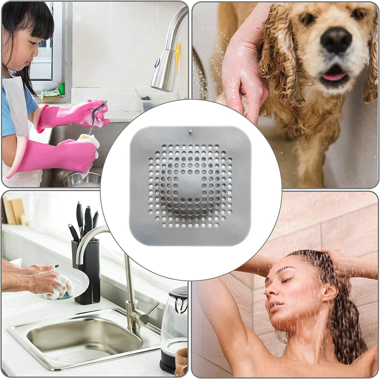 Hair Drain Catcher 4PCS, Raised Square Drain Cover with Suction Cup, Silicone Hair Catcher Hair Stopper Drain Cover for Bathroom Bathtub Kitchen
