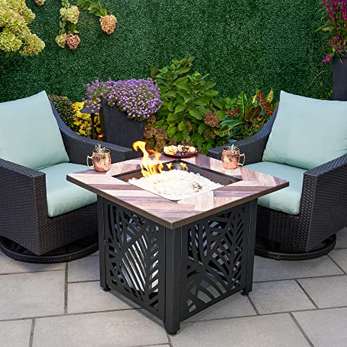 Endless Summer Darby 30 Inch Square Outdoor UV Printed 50,000 BTU LP Gas Fire Pit Table with Faux Wood Mantel and Stamped Steel Base