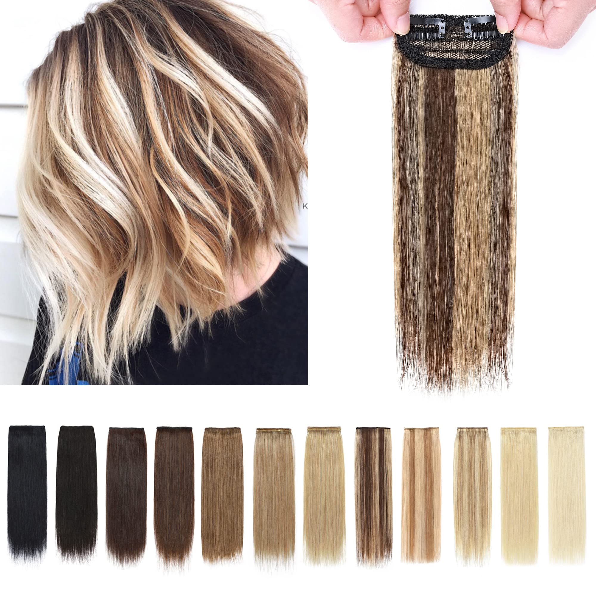 SEGO 2 Pcs Short Hair Extensions Clip in Human Hair 6 Inch 20g Hairpiece Human Hair Toppers for Women With Thinning Hair Adding Hair Volume -#4P27 Medium Brown&Dark Blonde