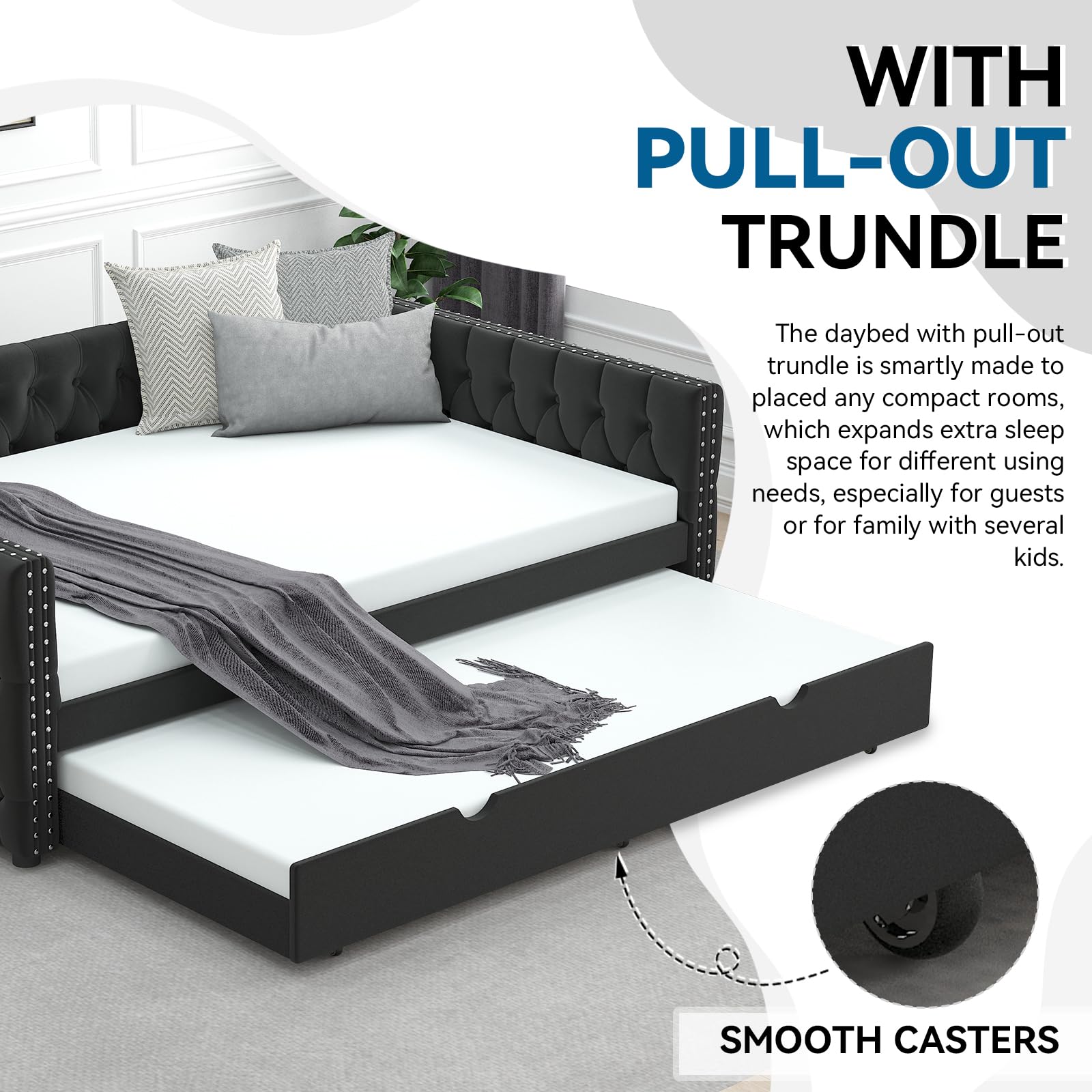 KINFFICT Velvet Full Daybed with Twin Trundle, Modern Upholstered Full Size Day Bed Button-Tufted Sofa Daybed Frame with A Roll-Out Trundle (Black)