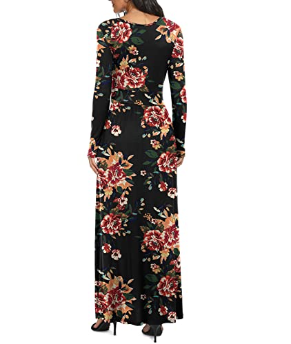 LILBETTER Womens Long Sleeve V-Neck Wrap Waist Maxi Dress(F Brown Floral Black X-Large)