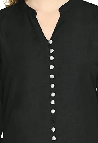 Lagi Women A-Line Solid Front Slit Poly Silk kurta Kurti. (Black, S)