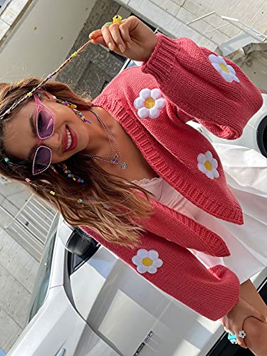 SweatyRocks Women's V Neck Button Front Cardigan Sweater Cute Floral Print Coat Outerwear Watermelon Pink S