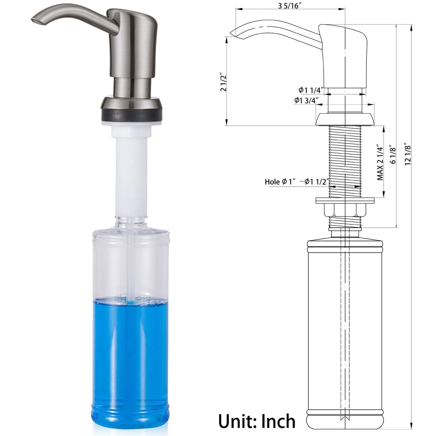 GAGALIFE Built in Sink Soap Dispenser or Lotion Dispenser for Kitchen Sink, Brushed Nickel ABS Pump Head, with 13 Ounce Large PET Soap Bottle