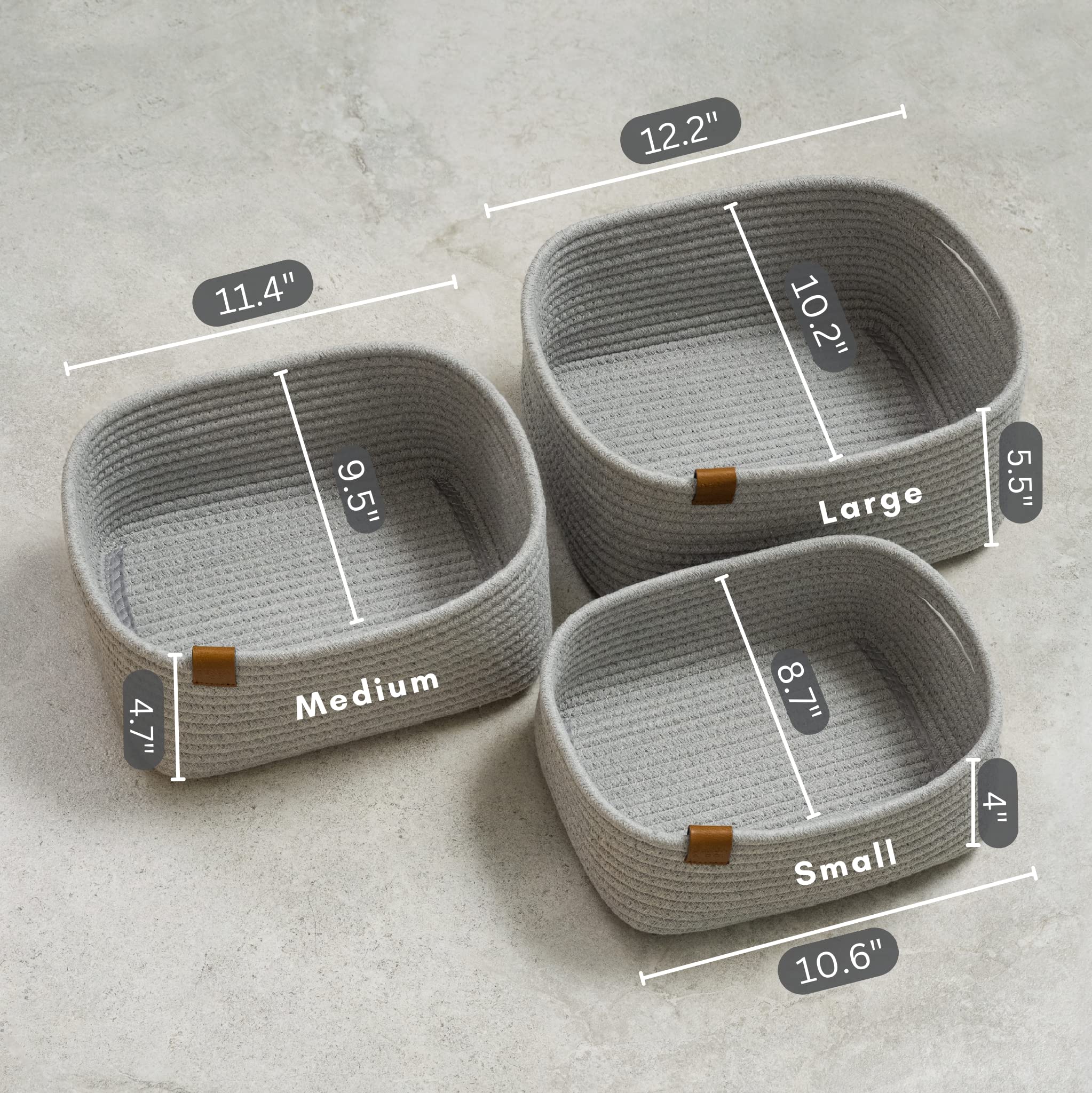 DENJA & CO Decorative Storage Basket Organizer Set of 3 and Round Baskets with Lids Set of 2 (Light Gray)