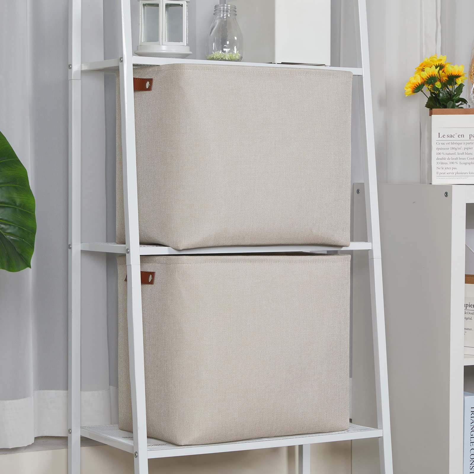 DULLEMELO 2-Pack Foldable Storage Baskets Canvas Fabric Storage Basket Bins With Cloth Handles for Shelf Clothes Empty Gift Baskets (White&Khaki)