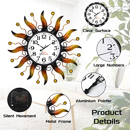 HOBYLUBY 13'' Sun Outdoor Clock, Metal Outdoor Wall Clock Silent Non-Ticking for Patio, Kitchen, Living Room