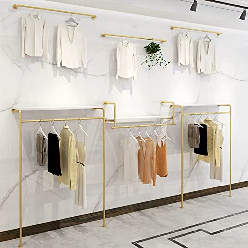 MDEPYCO Modern Simple Industrial Pipe Hanging Rods Clothing Rack,Retail Display Wall Mounted Storage Clothes Hanging Shelf, Wood Garment Rack (Gold, 47.2" L)