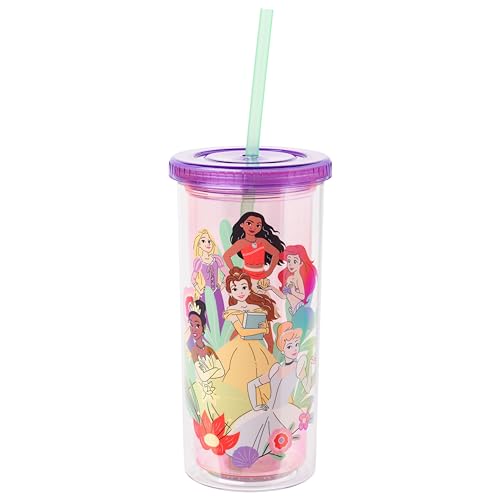 Silver Buffalo Disney Princess Plastic Tall Cold Cup with Lid and Reusable Straw Featuring Moana, Rapunzel, Ariel, Tiana, Belle, and Cinderella, 20 Ounces