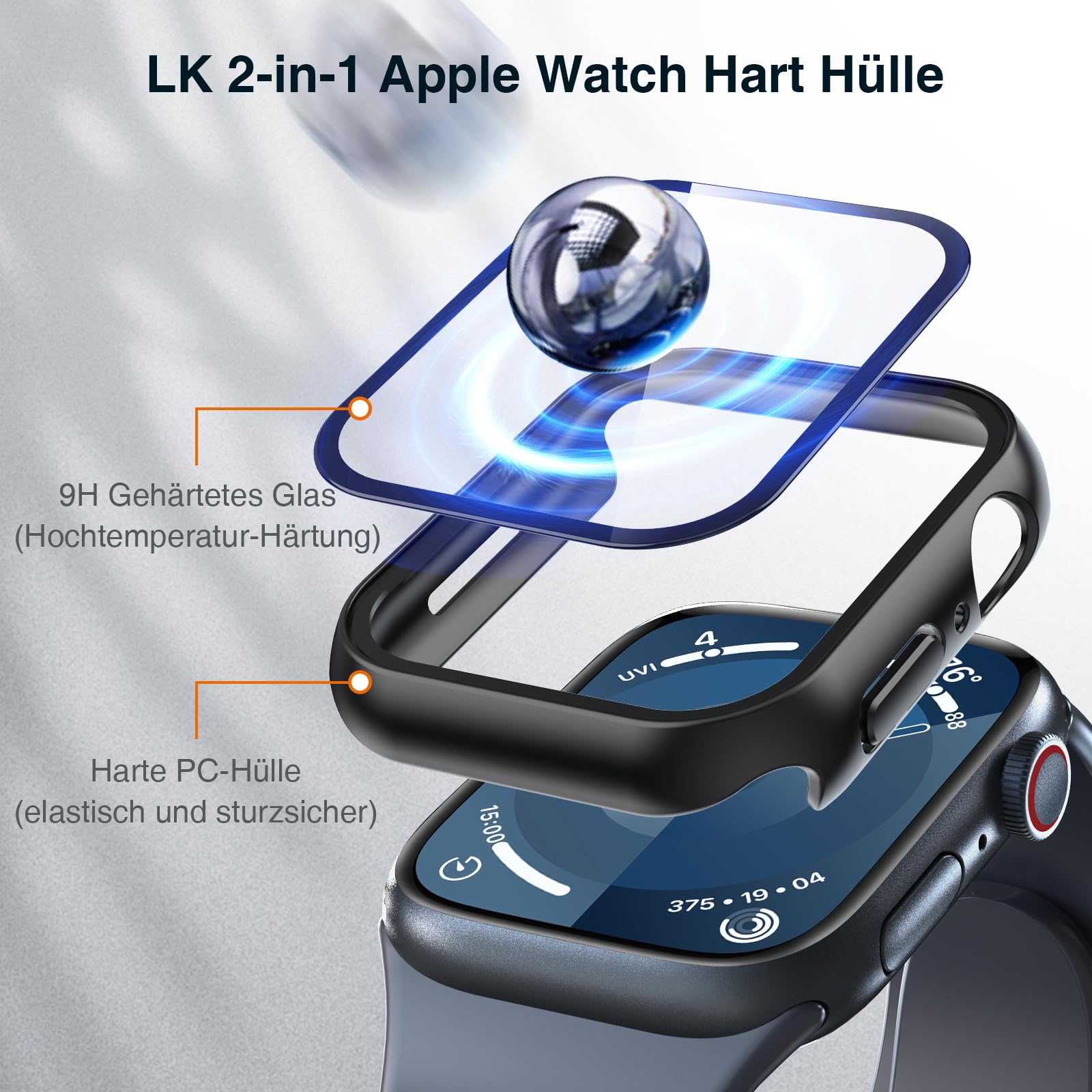 LK 2 Pack Hard PC Case with Tempered Glass Screen Protector Compatible for Apple Watch Series 9/8/7 45mm, Touch Sensitive, HD Ultra-Thin, Full Protective Cover for iWatch 9/8/7 45mm, Black