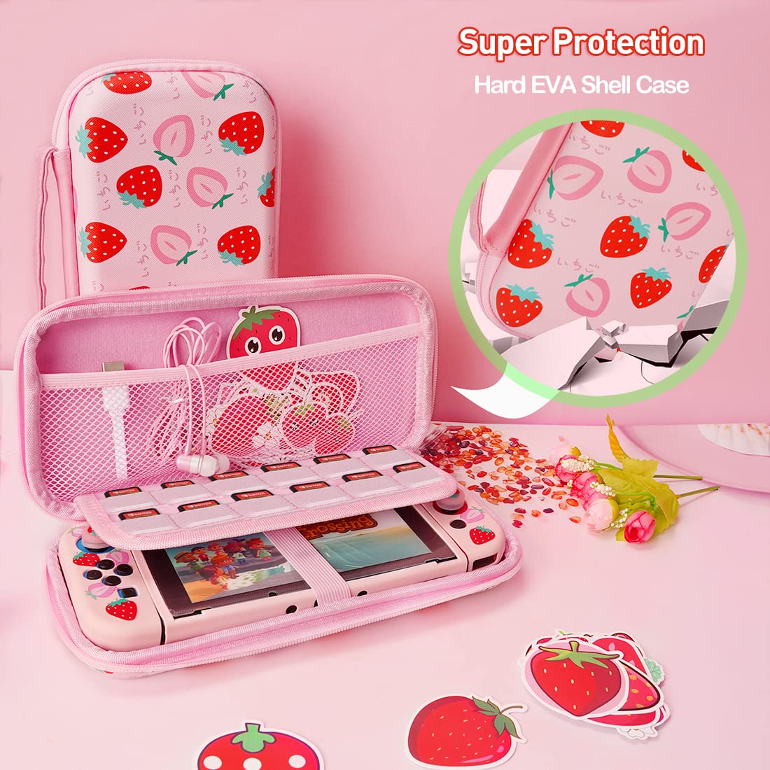 Cute Strawberry Carrying Case Compatible with Nintendo Switch (NOT OLED or Lite) with Dockable Protective Cover+ Tempered Screen Protector +Stickers+ Thumb Grip Caps, Pink Accessories Bundle for Girls