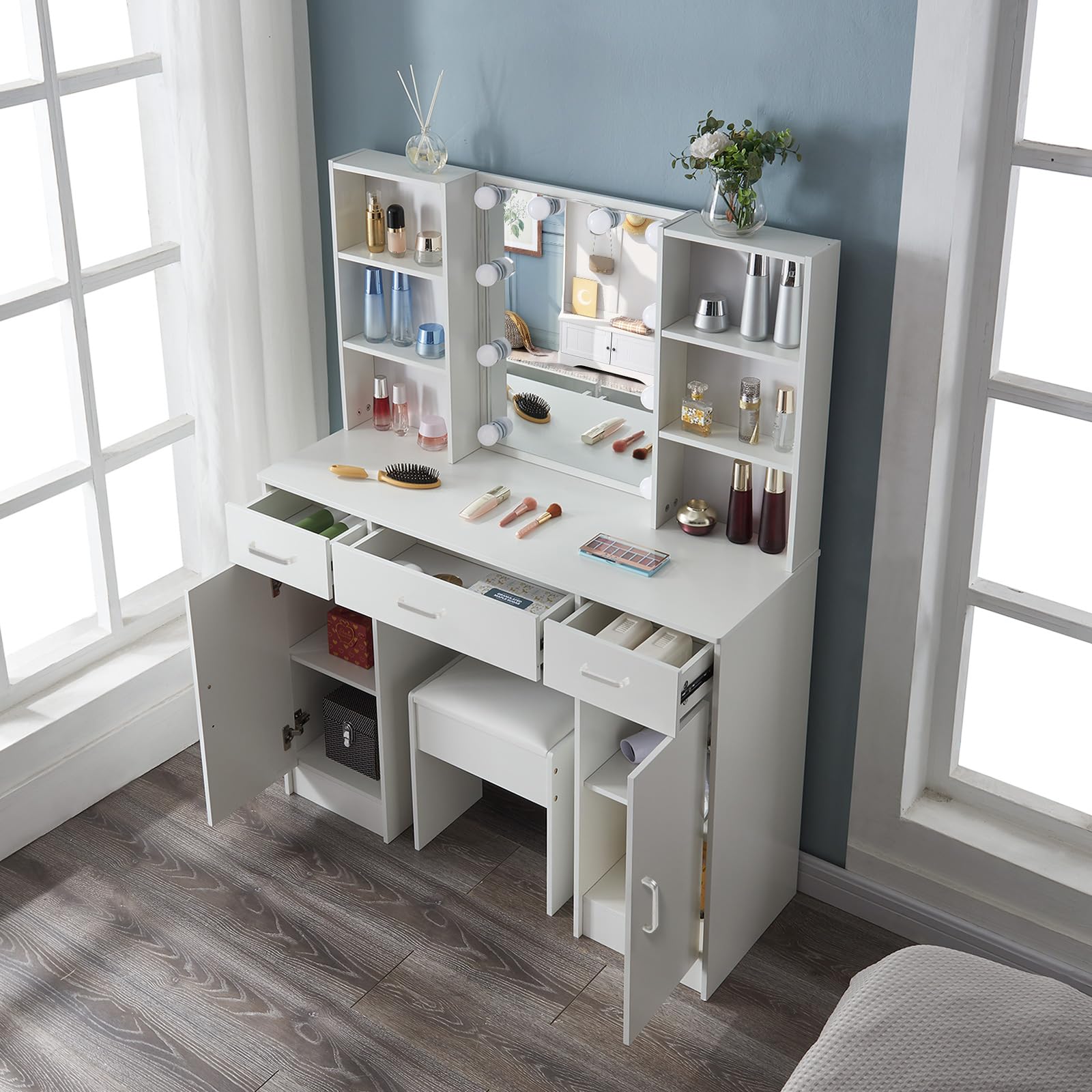 Caulitar Vanity Desk with Mirror and Lights-3 Color and Brightness Adjustable, Vanity Set with Drawers and Chair, White Makeup Vanity Table for Girls