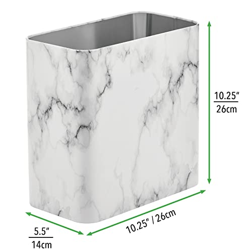 mDesign Small Rectangular Steel Trash Can, Narrow Wastebasket, Slim Garbage Container Bin, 2.4 Gallon for Bathroom, Bedroom, Kitchen, Home Office, Dorm, Recycling Waste Basket - Marble Print, Pack of 1