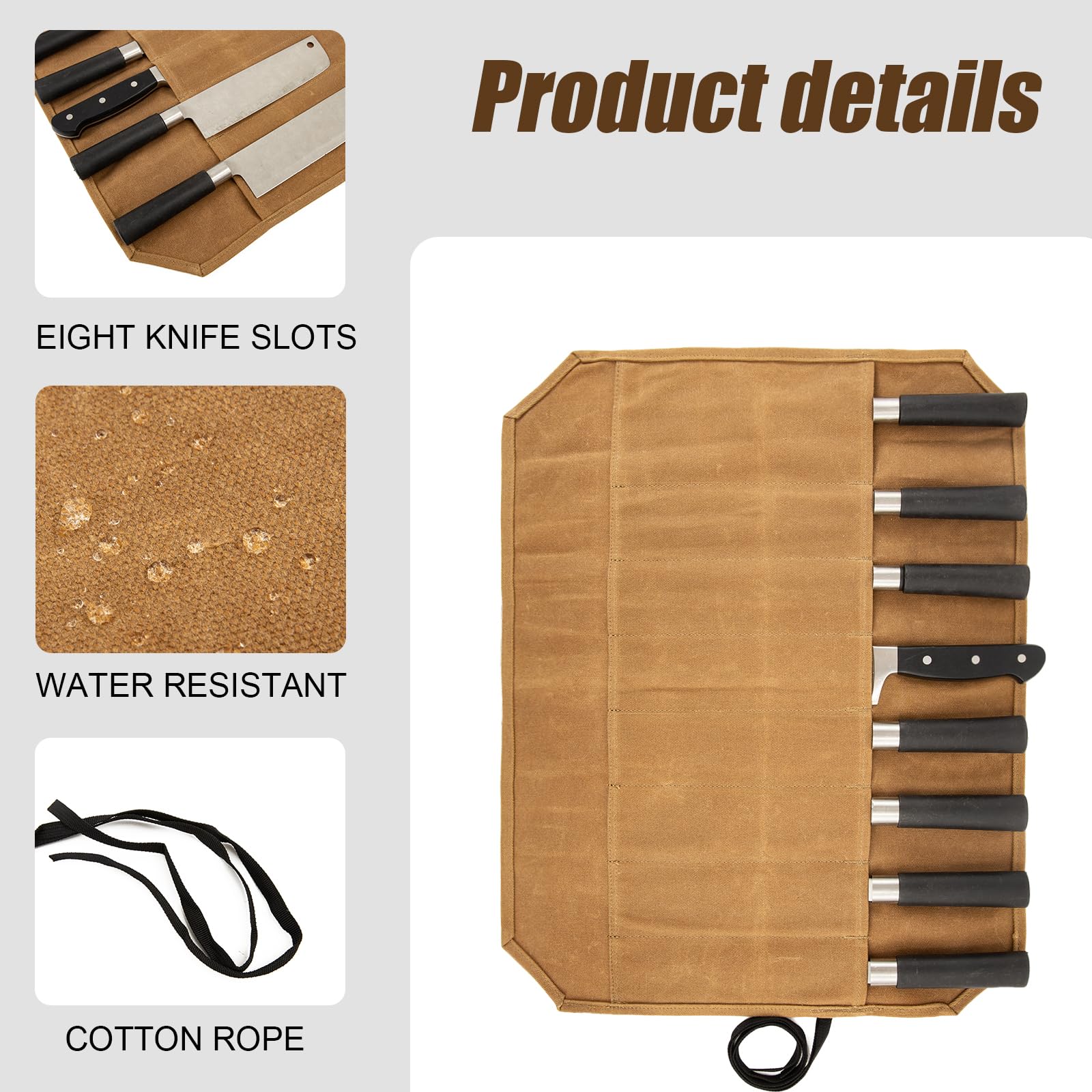 Knife Roll,Waxed Canvas Knife Bag,Heavy Duty Knife Case,Chef Knife Bag Roll with 8 Slots for Knives and Kitchen Tools,Knife Roll Bag For Chefs Culinary Traveling,Knives Pouch Holder Wrap (Khaki)